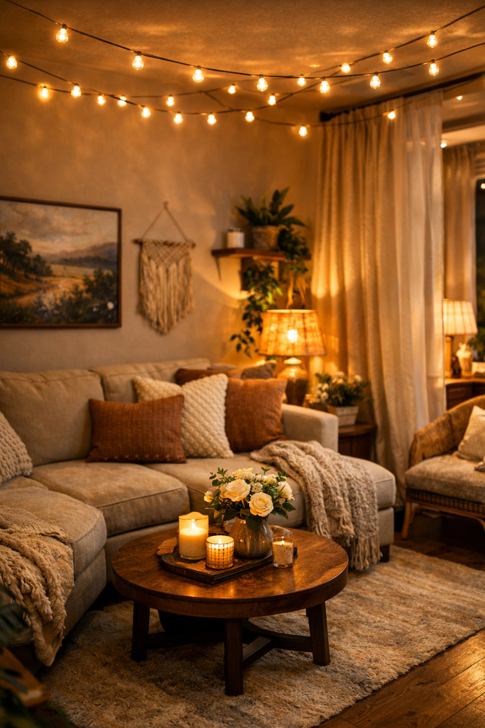 Cozy Living Room Lighting Ideas with Warm String Lights - inspirationde